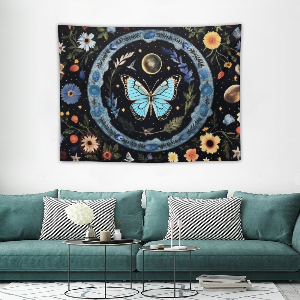 COMIO Blue Butterfly Moon Flower Tapestry Botanical Boho Plant Floral ...