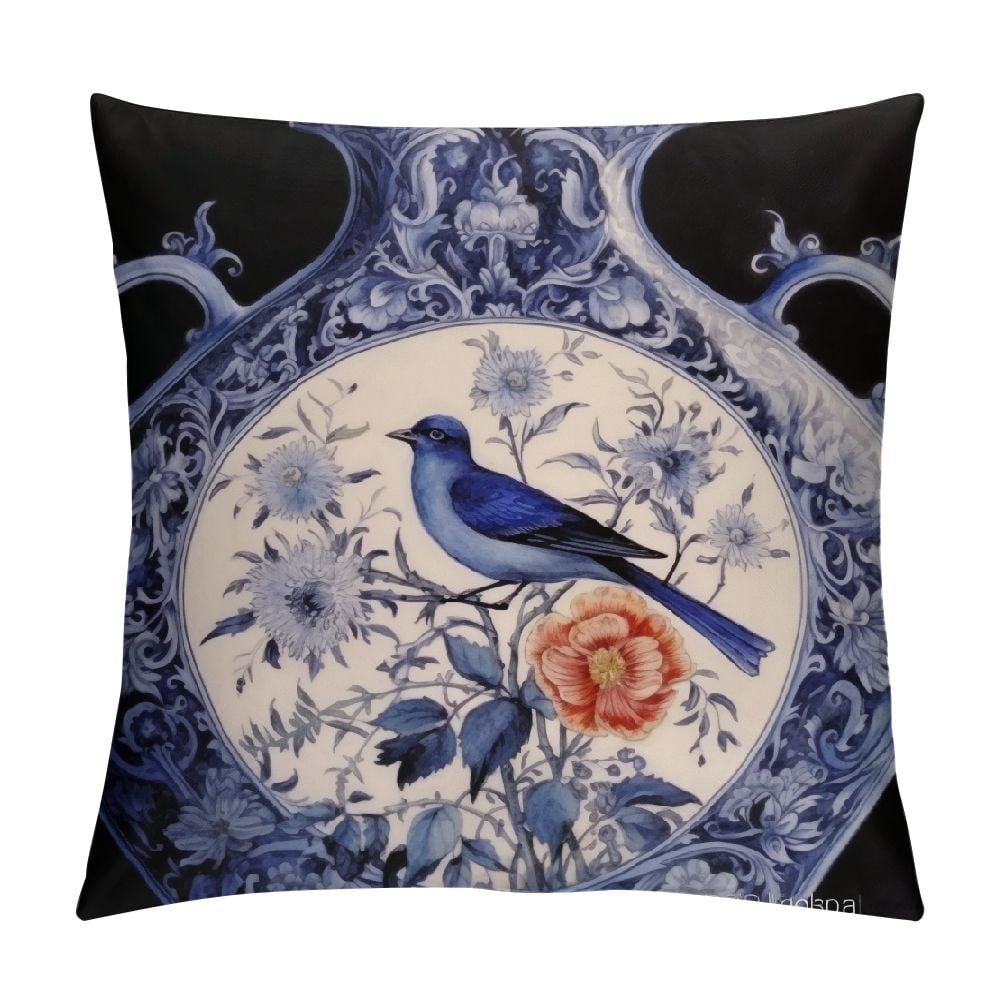 COMIO Blue Chinoiserie Vase Farmhouse Sofa Cushion Cover Blue and White ...