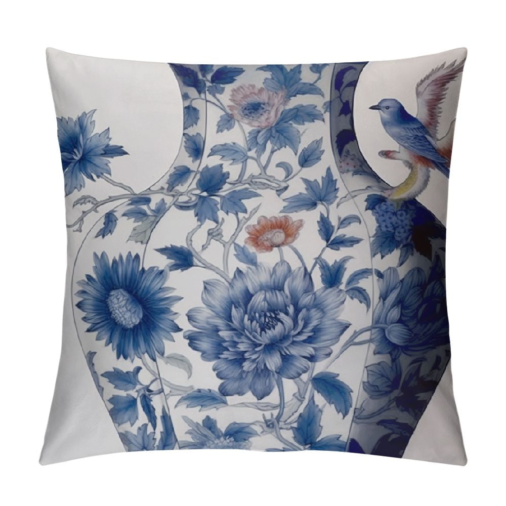 COMIO Blue Chinoiserie Vase Farmhouse Sofa Cushion Cover Blue and White ...