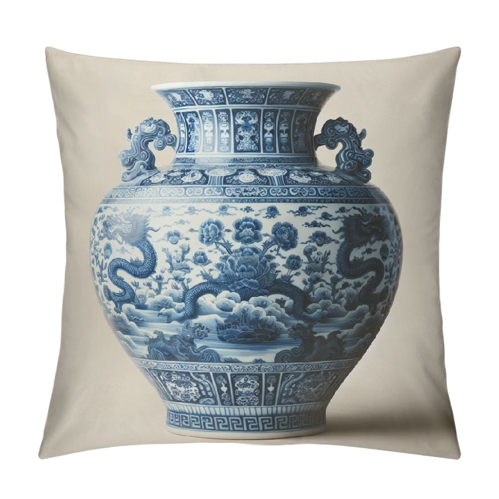YANMS Blue Chinoiserie Vase Pillow Cover Blue and White Porcelain ...