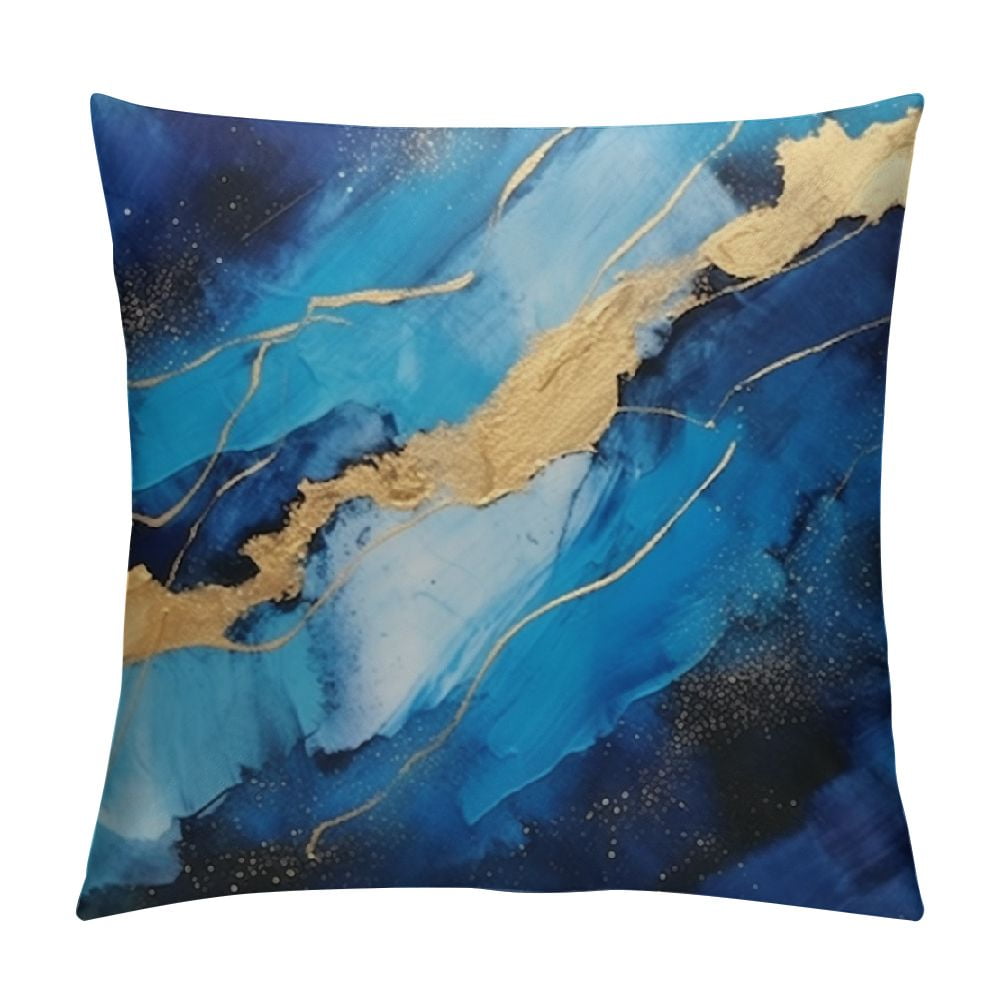 COMIO Blue Marble Throw Pillow Covers Abstract Blue and Gold Ink ...