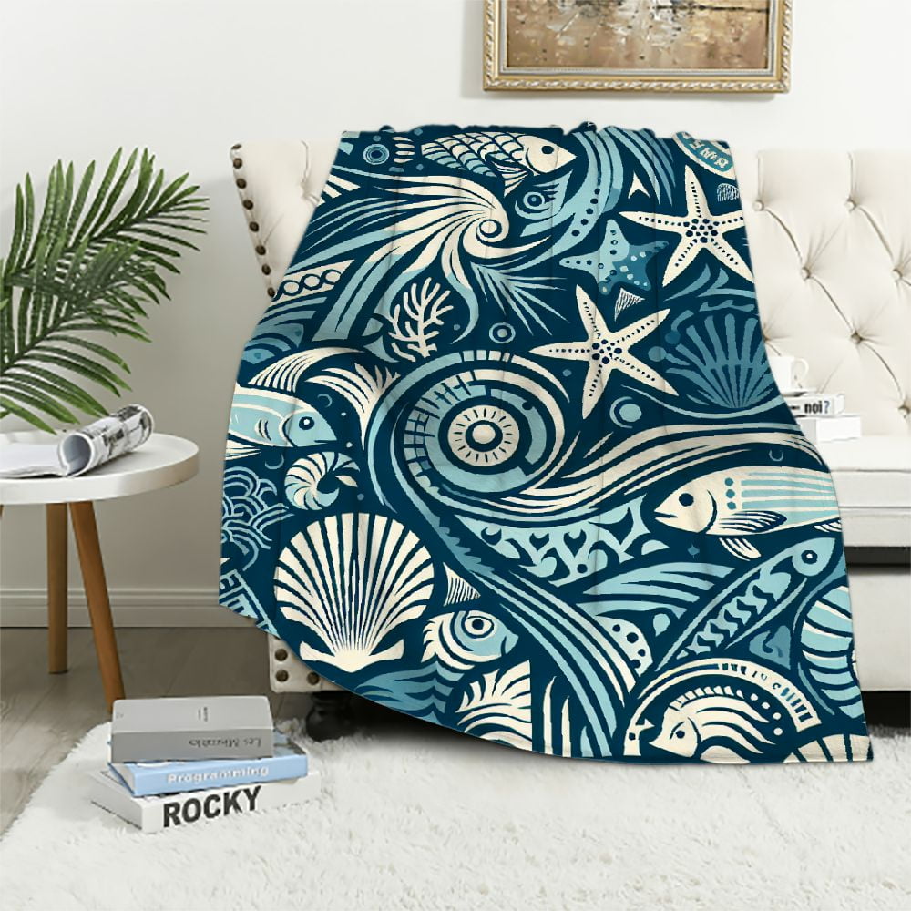 COMIO Blue Sea Turtle Throw Blanket Throw Watercolor Starfish Shell ...