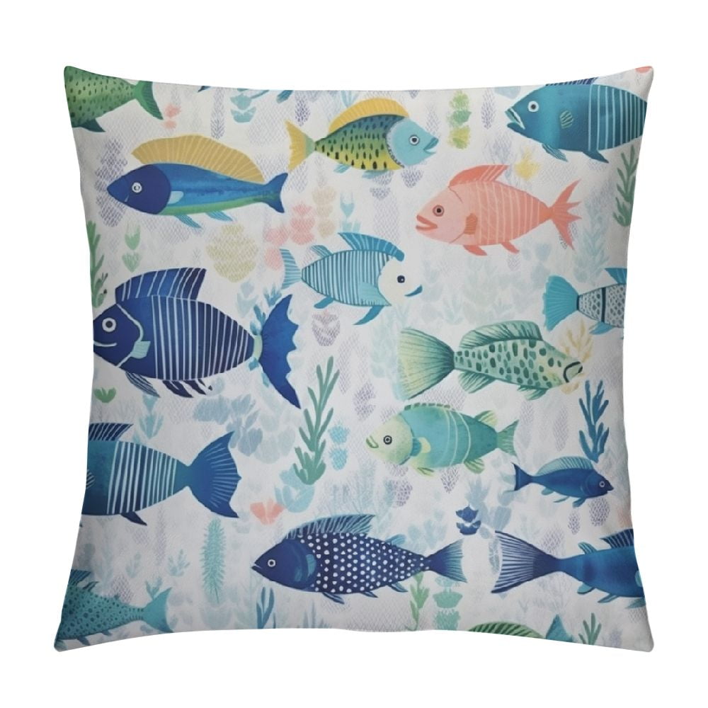 COMIO Blue Throw Pillow Cushion Cover, Artisan Fish Patterns with Wavy ...