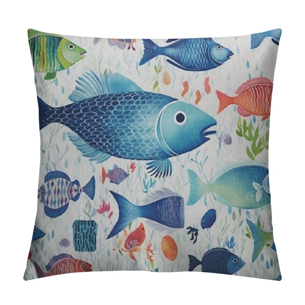 COMIO Blue Throw Pillow Cushion Cover, Artisan Fish Patterns with Wavy ...