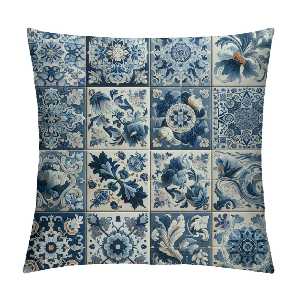 YANMS Blue Tile Throw Outdoor Decorative Pillow Vintage Ethnic Tile ...
