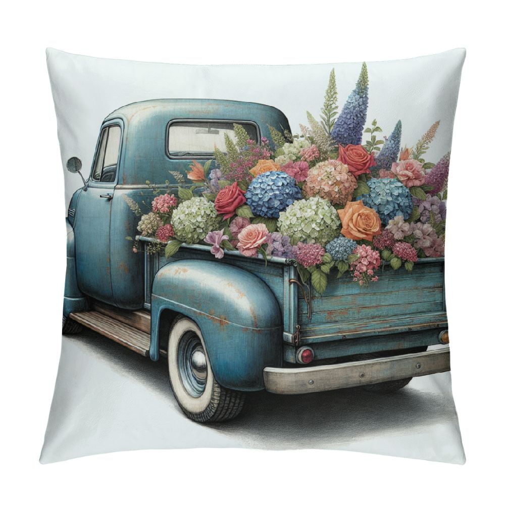 COMIO Blue Truck Hydrangea Spring Throw Pillow Covers Pink Floral ...