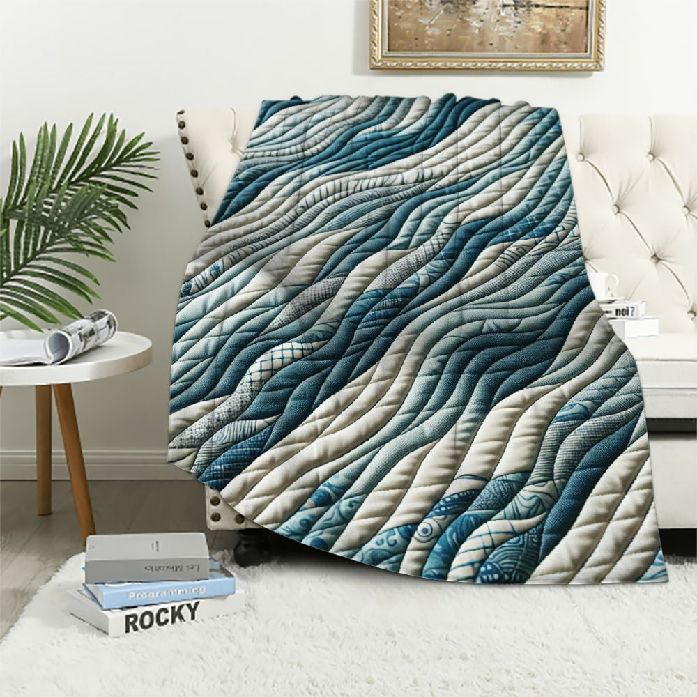 COMIO Blue Wave Quilted Throw Blanket | Summer Beach Nautical Lap Quilt ...