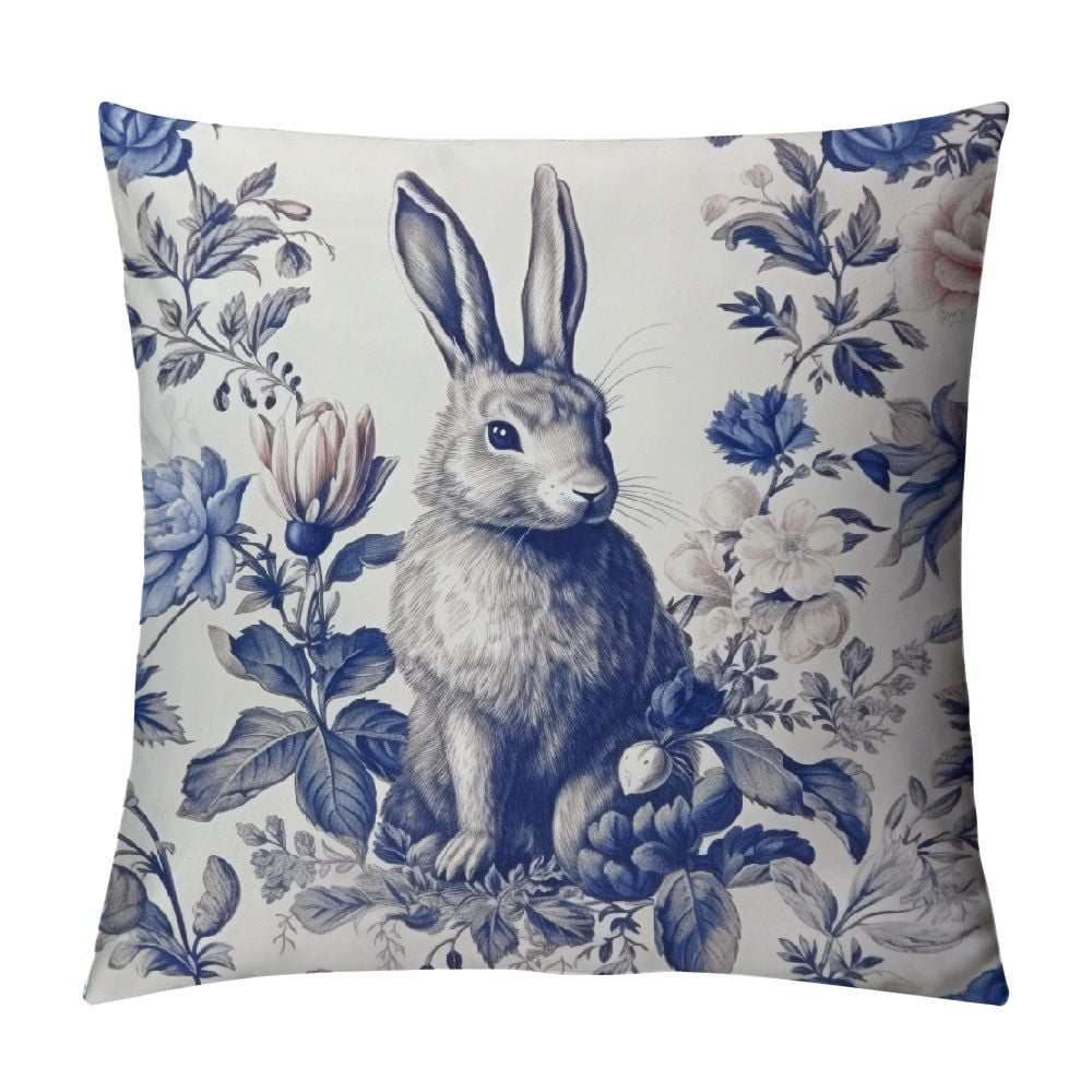 COMIO Blue and White Porcelain Pillow Covers Floral Chinoiserie Rabbit ...