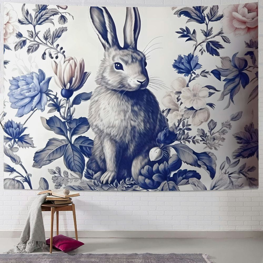 COMIO Blue and White Porcelain Floral Chinoiserie Rabbit Tapestry for ...
