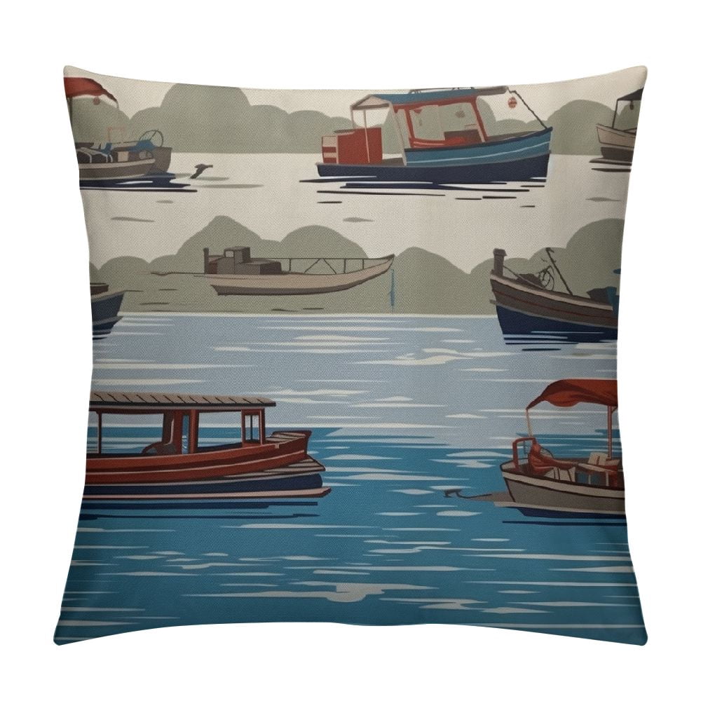 MLJA Boat Decorative Pillow Cover, Boat Lake Beach Dock Blue Brown ...