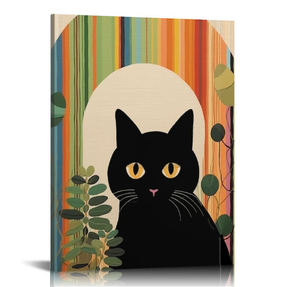 COMIO Boho Black Cat Framed Canvas Wall Art Set, Mid Century Modern ...