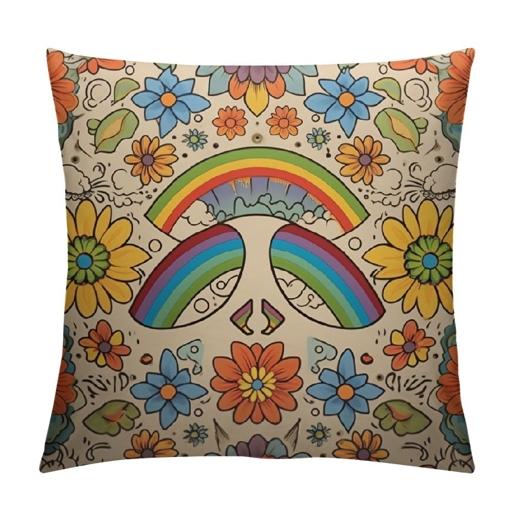 COMIO Boho Retro Rainbow Mushroom Pillow Covers - Vintage 70s Hippie ...
