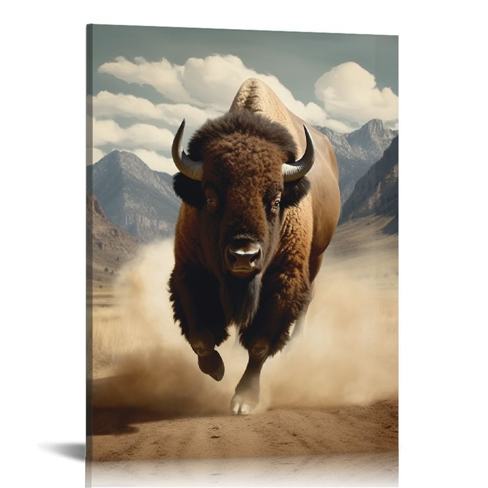 COMIO Brown Bison Running, Wildlife Artistic Wall Art, Framed Canvas ...