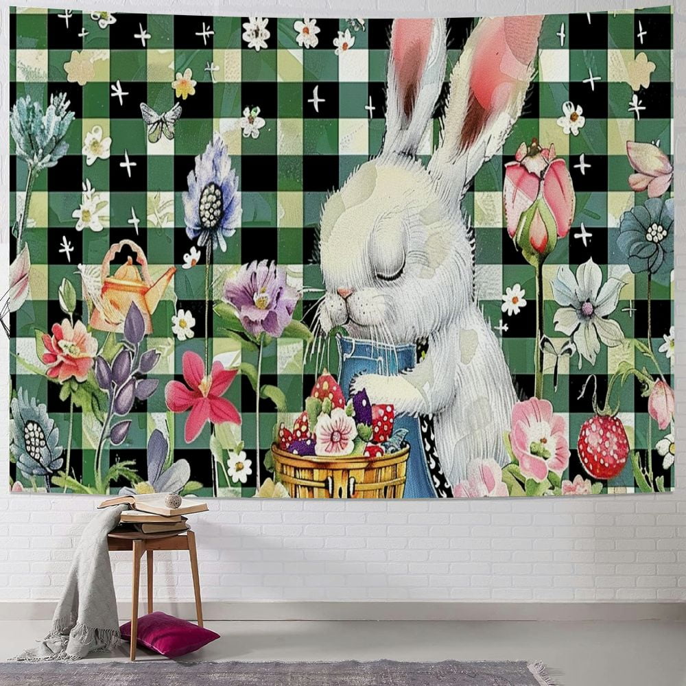COMIO Buffalo Plaid Bunny Gnomes Eggs Easter Spring Floral Tapestry for Bedroom Living Room Dorm ...