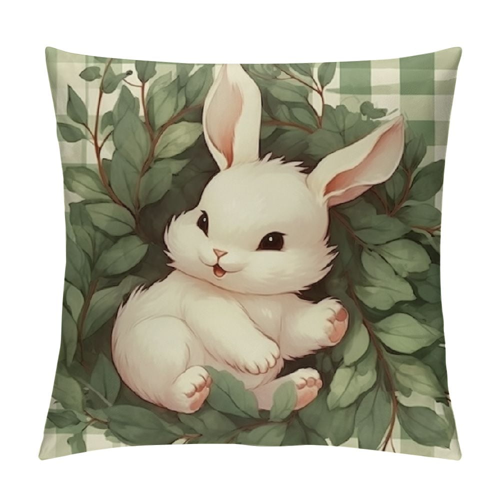 MLJA Buffalo Plaid Happy Easter Bunny Pillow Covers Eucalyptus Leaves ...