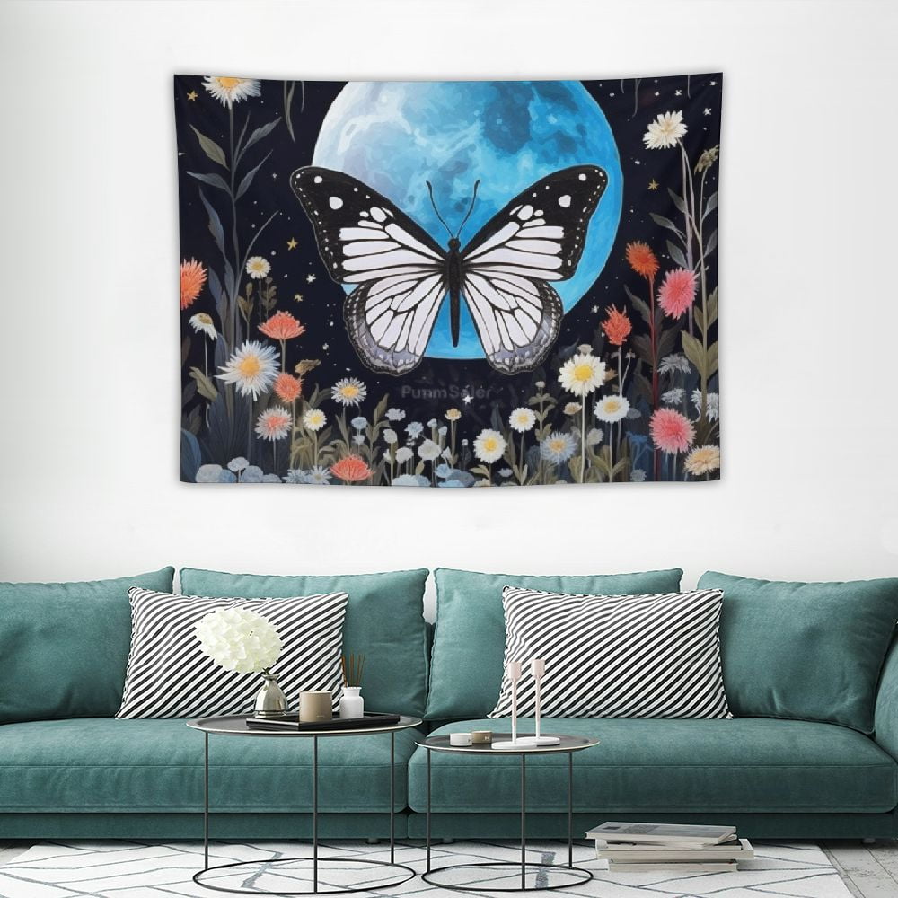 COMIO Butterfly Tapestry, Blue Butterflies Wildflowers and Moon Star ...
