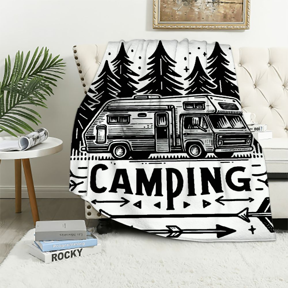COMIO Camper Sherpa Blanket, Happy Camping Blanket, Vintage Woodland ...