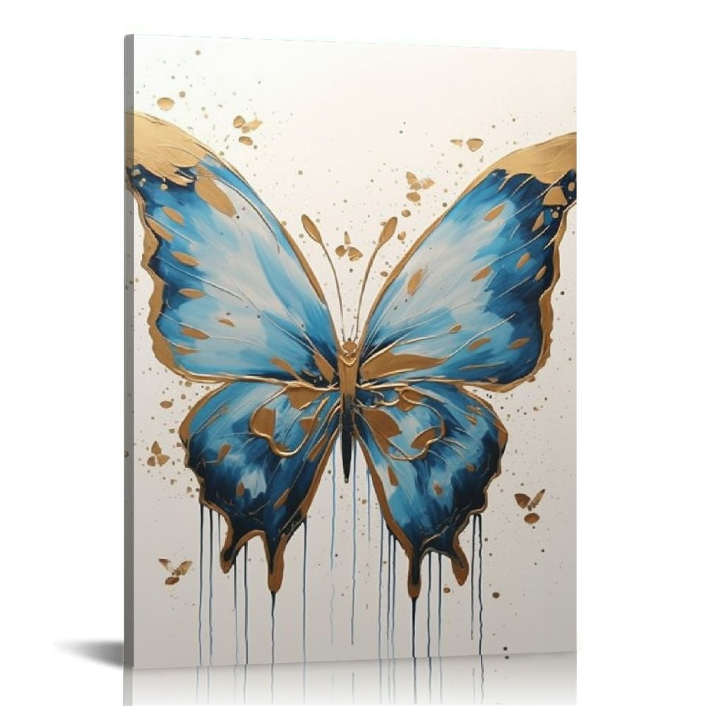 COMIO Canvas Butterfly Canvas Prints Gold Blue Wall Art for Kitchen ...