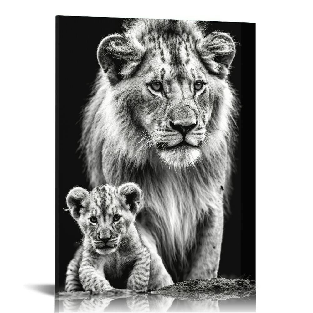 COMIO Canvas Painting Animal Black and White Lion with Cub Wall Art ...