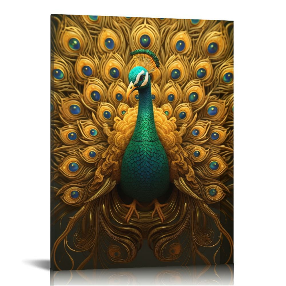 COMIO Canvas Print Paintings with Frames Wall Art Decor Golden Peacock ...
