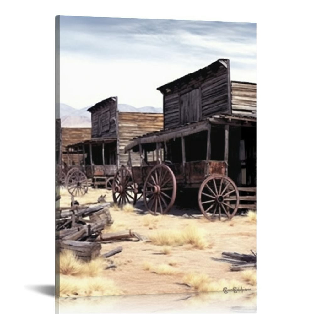 COMIO Canvas Print Wall Art Set Wild West Texas Wooden Wagons Nature ...