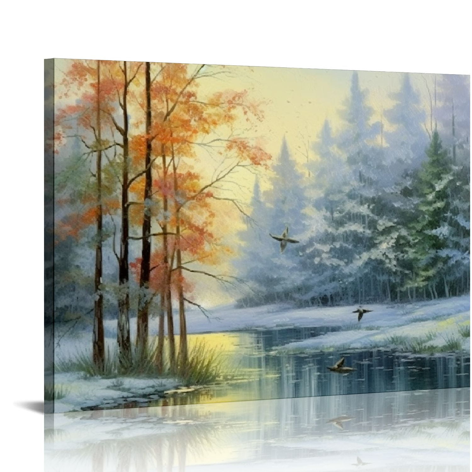 COMIO Canvas Print Wall Art Winter Forest Landscape with Frozen Lake ...