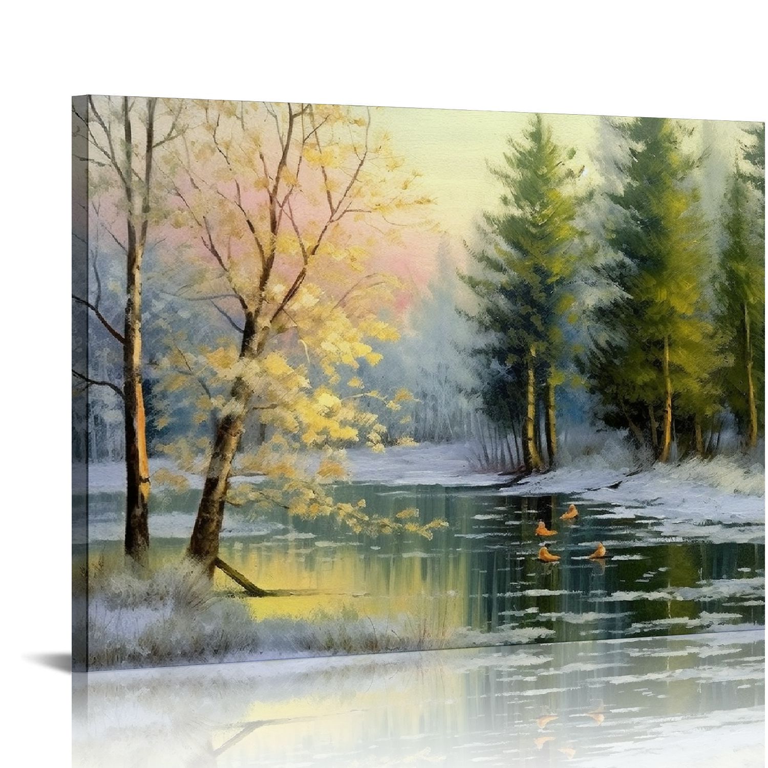 COMIO Canvas Print Wall Art Winter Forest Landscape with Frozen Lake ...