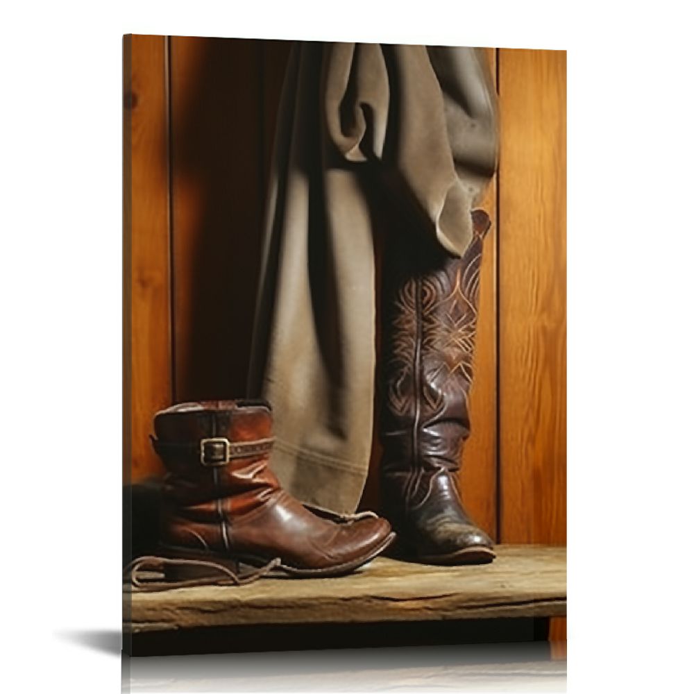 COMIO - Canvas Prints Wall Art American West Rodeo Cowboy White Straw Hat on Leather Rancher ...
