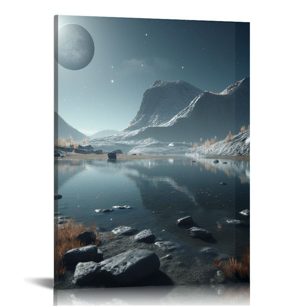 COMIO Canvas Prints Wall Art Big Moon over Lake in Dark Forest Modern ...