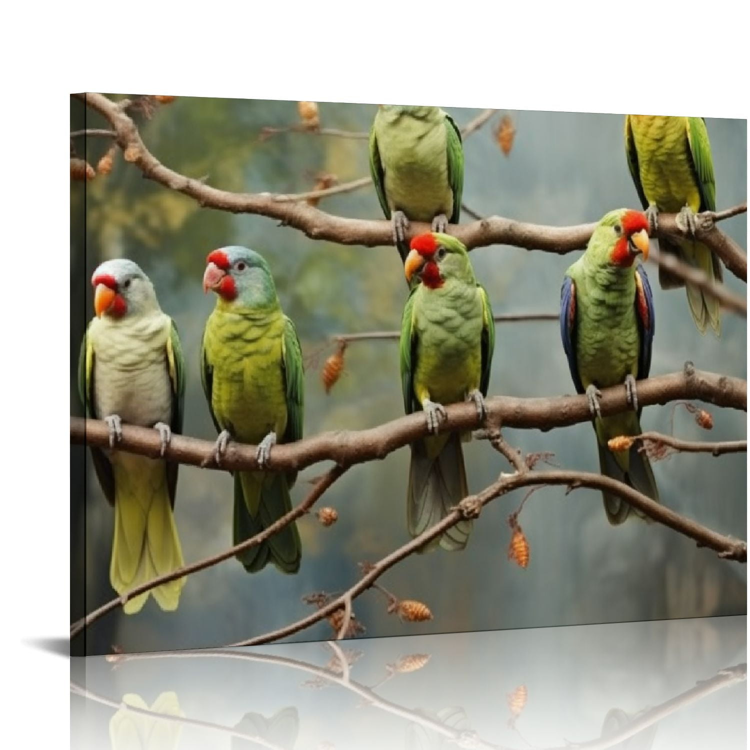 COMIO Canvas Prints Wall Art - Four Green Parrot Birds Sitting on The ...