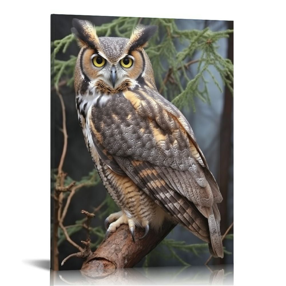 COMIO Canvas Prints Wall Art - a Great Horned Owl Sitting on a Tree ...