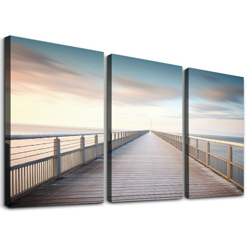 COMIO Canvas Prints Wall Art-Long Pier Dock and Bridge on Sea Picture ...