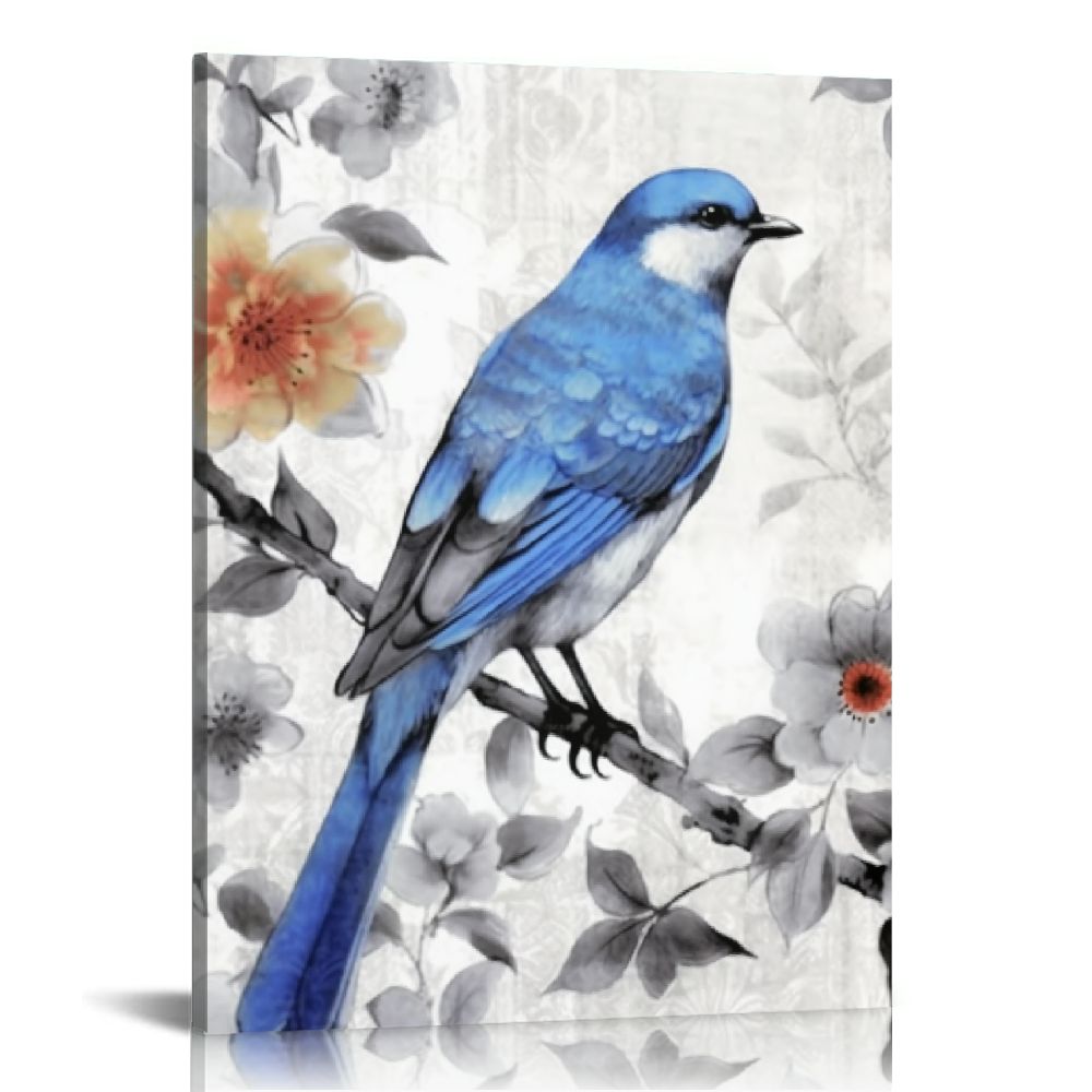 COMIO Canvas Wall Art Beautiful Watercolor blue Bird and flower ...
