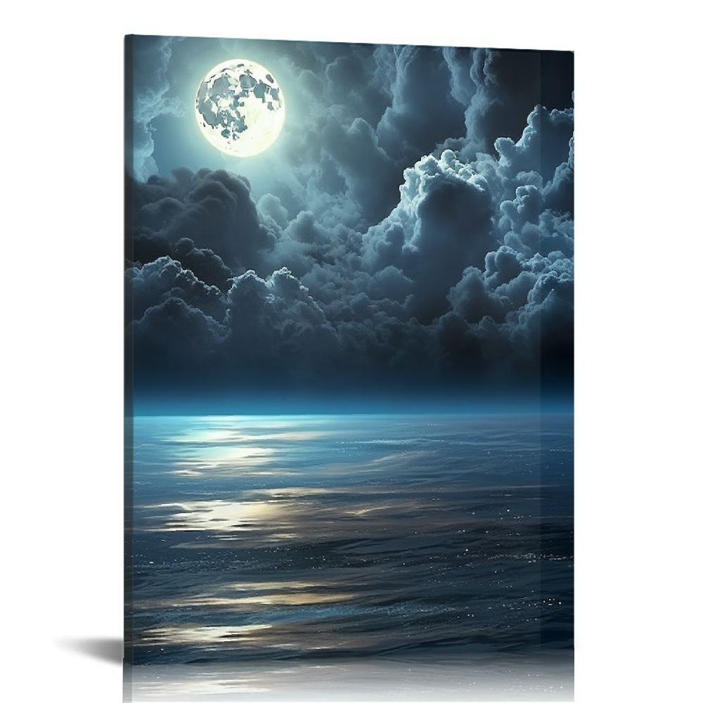 COMIO - Canvas Wall Art - Blue Ocean Under Moonlight Calmful Heart ...