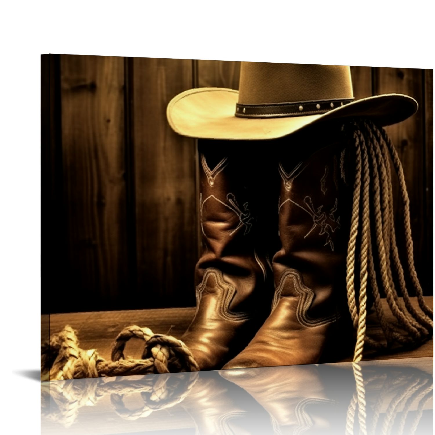 COMIO Canvas Wall Art Framed Western Decor Cowboy Hat Boot Saddle Leather Rancher Vintage ...