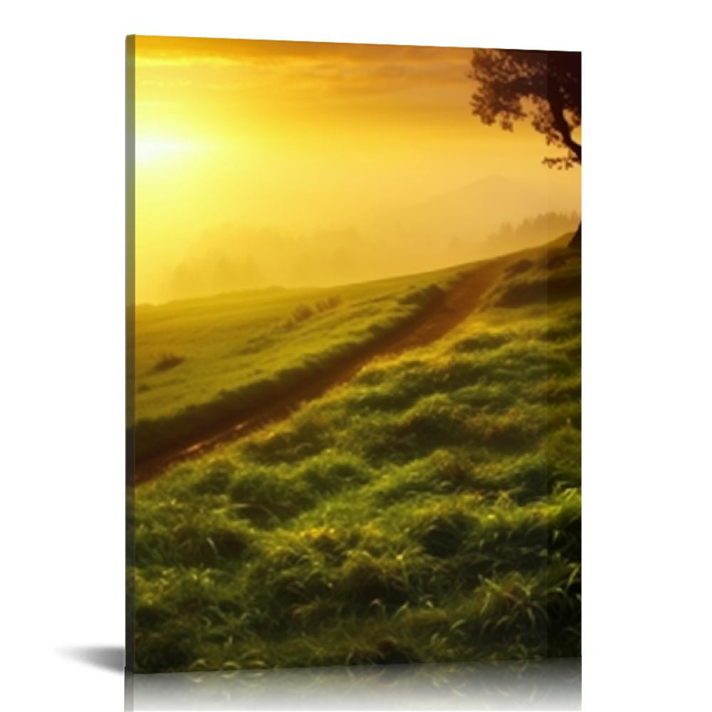COMIO Canvas Wall Art Idyllic Rural Landscape in Golden Dawn Farm Tree ...