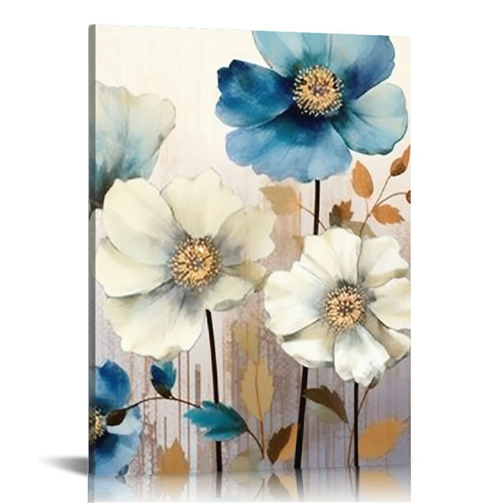 COMIO Canvas Wall Art for Living Room White and Indigo Blue Floral ...
