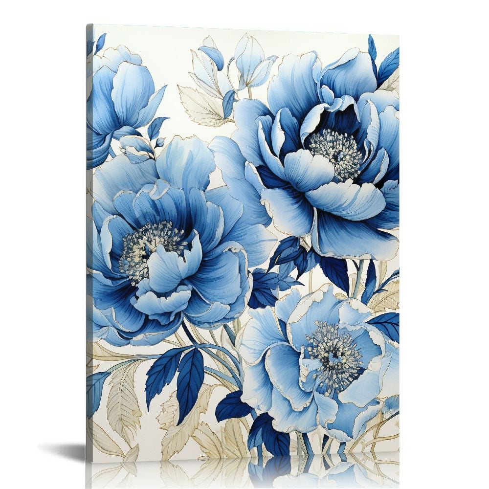 COMIO Canvas Wall Art Navy Blue and Grey Flower Painting Art Prints ...