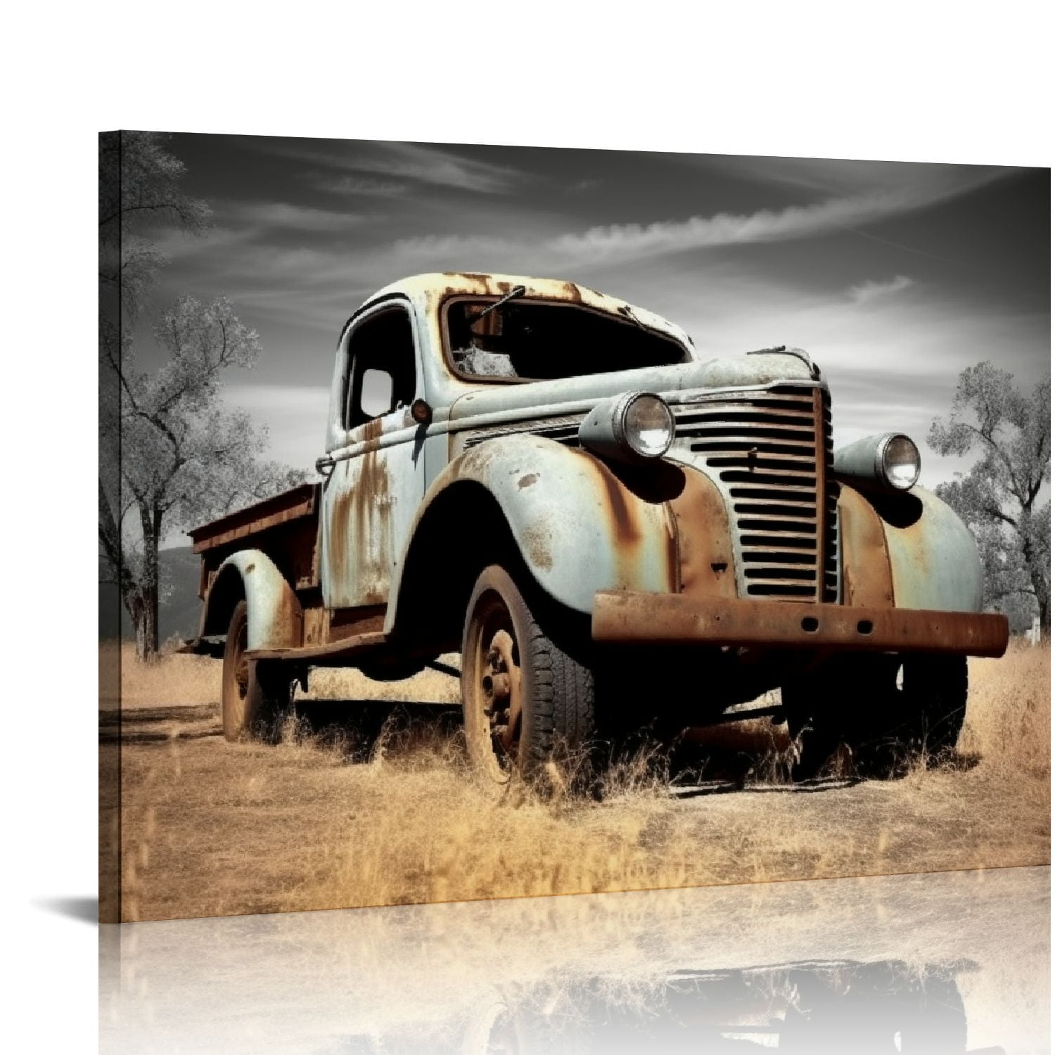 COMIO Car Picture Canvas Wall Art: Rusty Truck Art Old Blue Car Print ...