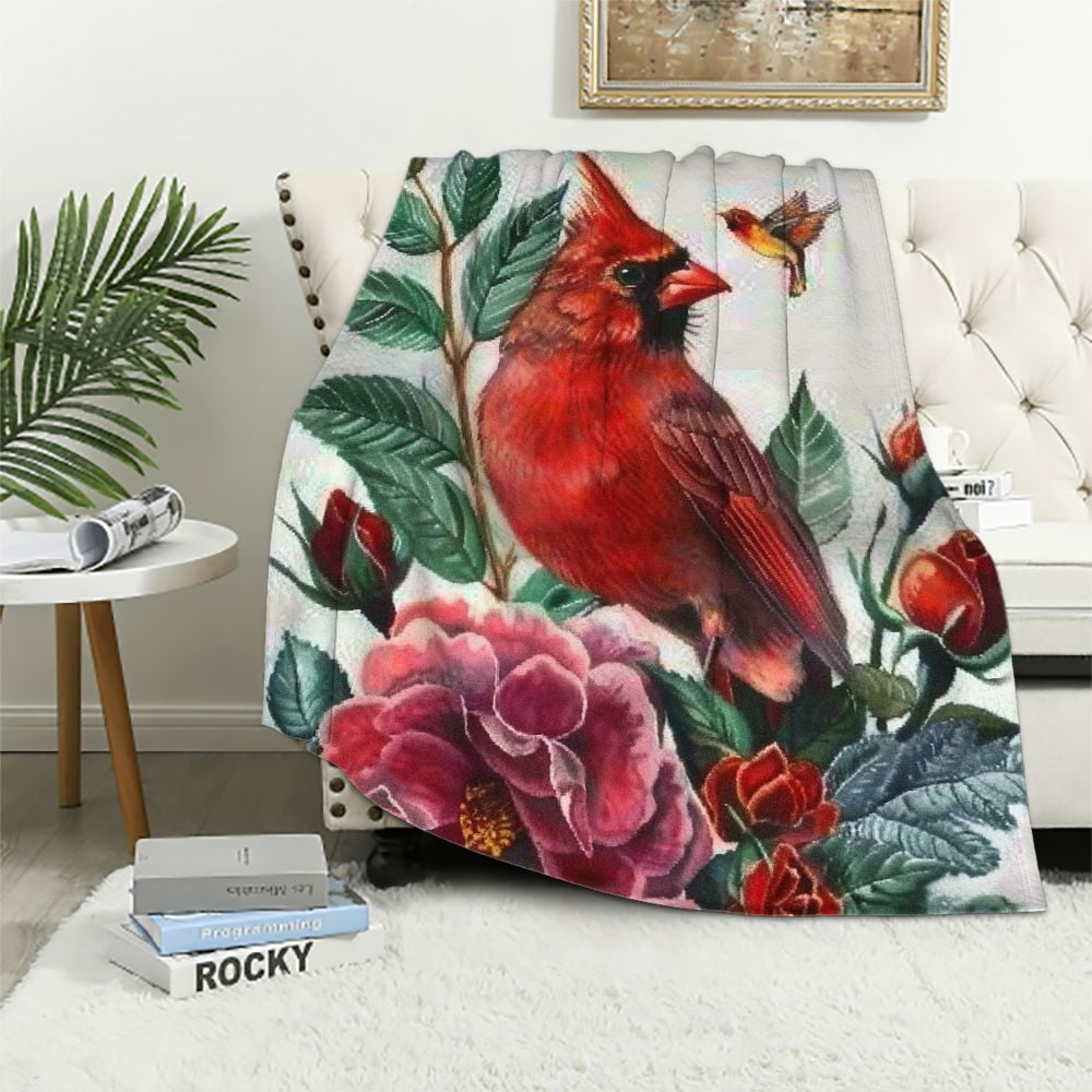 COMIO Cardinal Rose Birds Flannel Throw Blanket for All Seasons Blanket ...