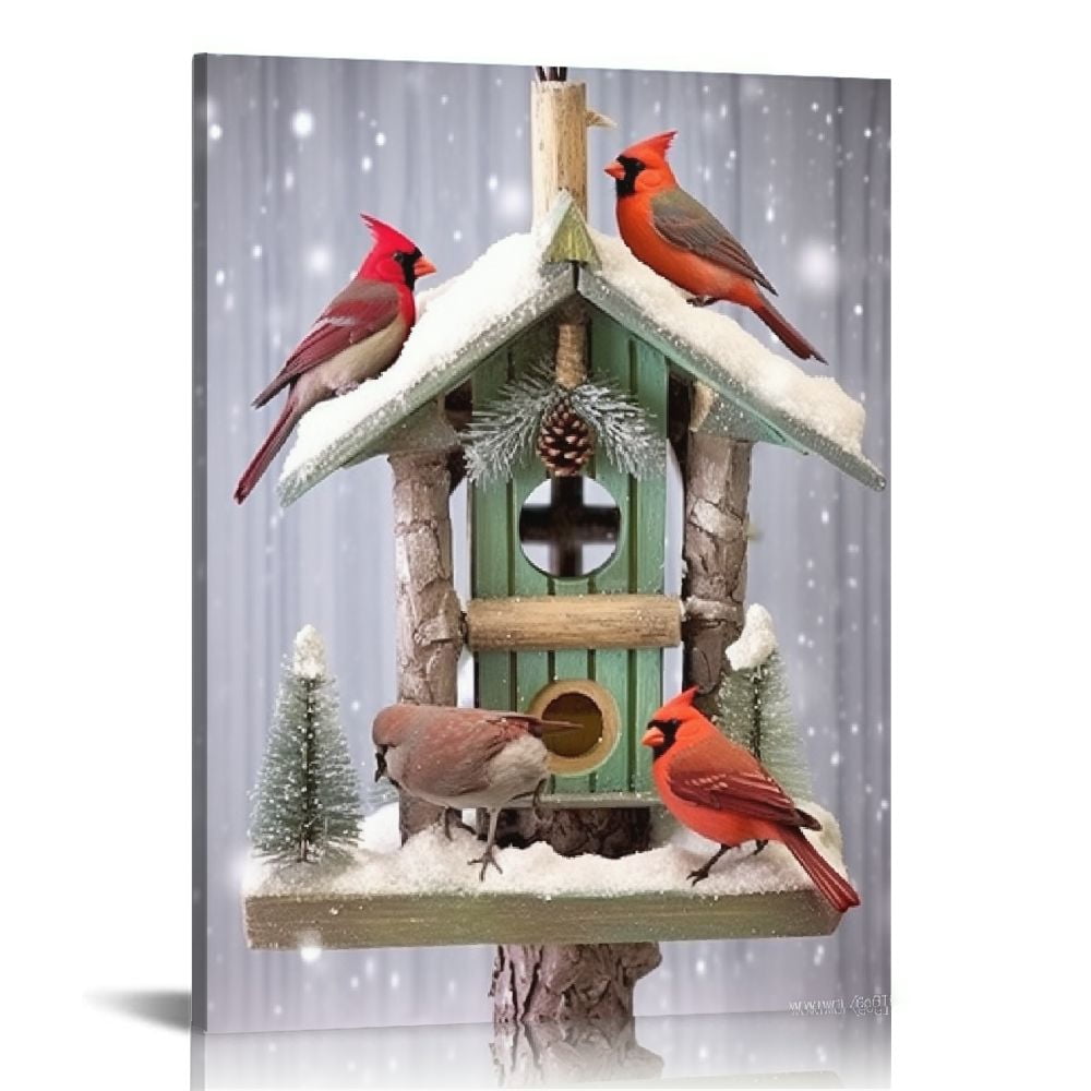 COMIO Cardinals Canvas Print Wall Art with Rustic Bird Feeder Berries ...