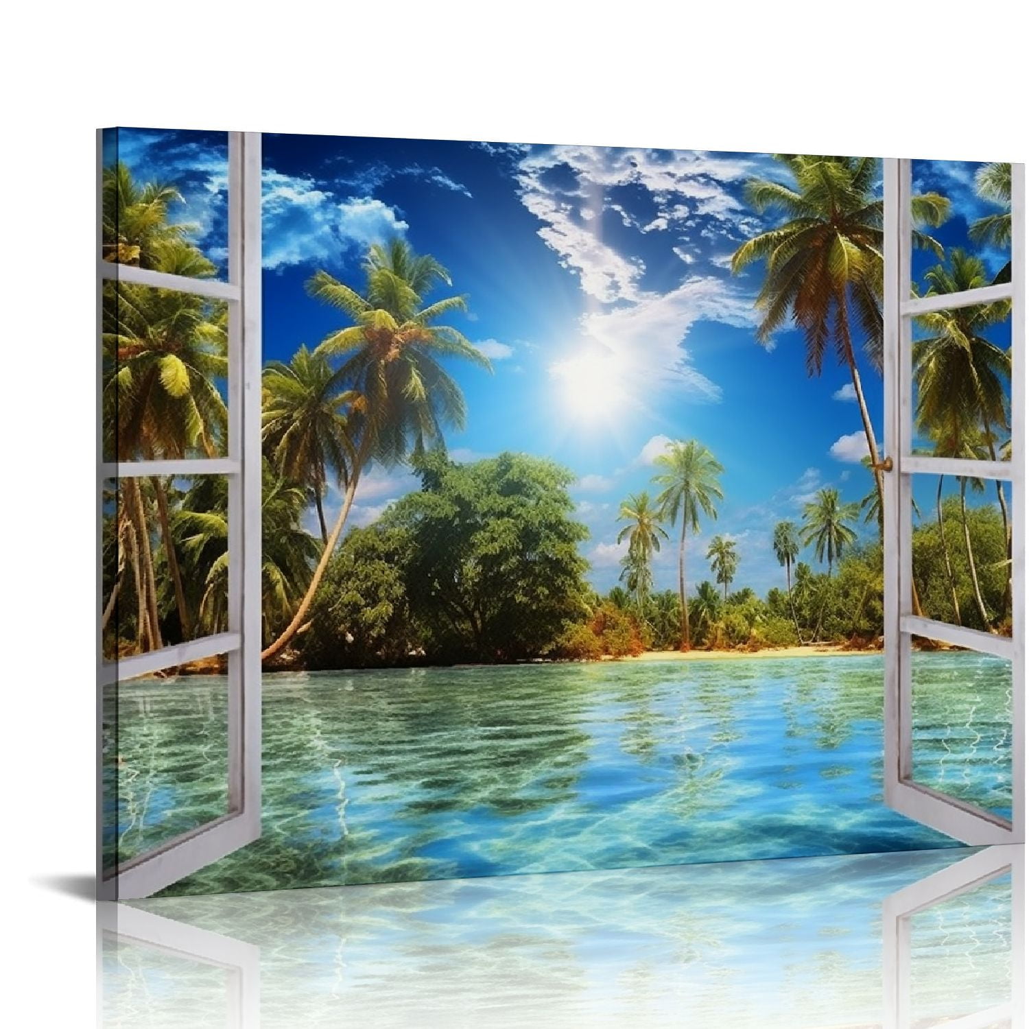 COMIO Caribbean Beach Holiday 3D Window Effect Canvas Wall Art Picture ...
