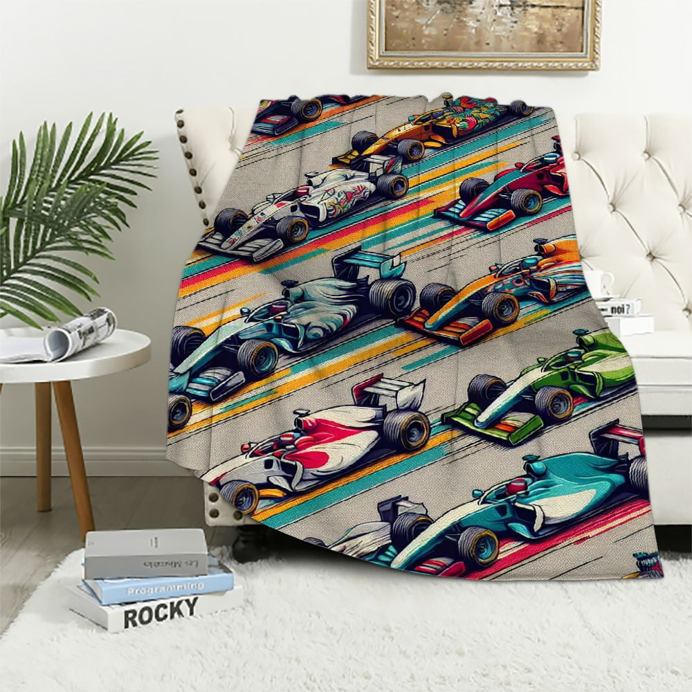 COMIO Cars Throw | Fuzzy Reversible Sherpa Blanket with Racing Print ...