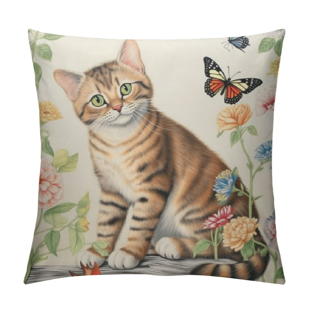 COMIO Cat Pillow Covers Butterfly Lovely Cartoon Pattern Beige ...