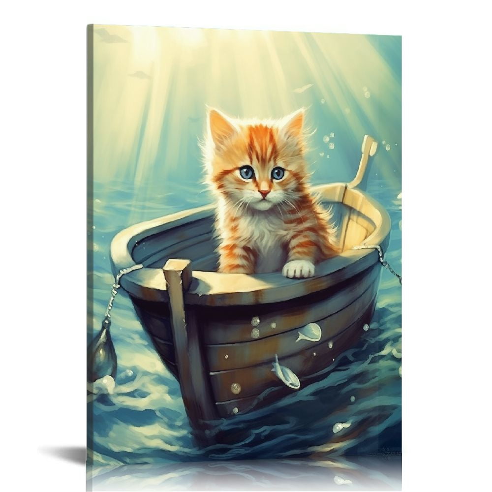 COMIO Cat Wall Art Boat and Ocean Bathroom Decor Canvas Print Sea Life ...