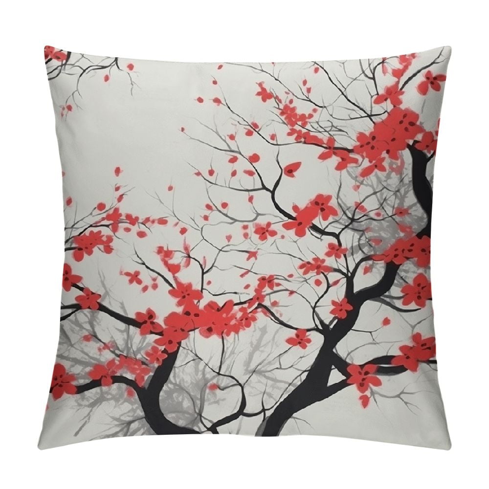 Comio Cherry Blossom Pillow Covers Watercolor Red Flowers Tree Branch