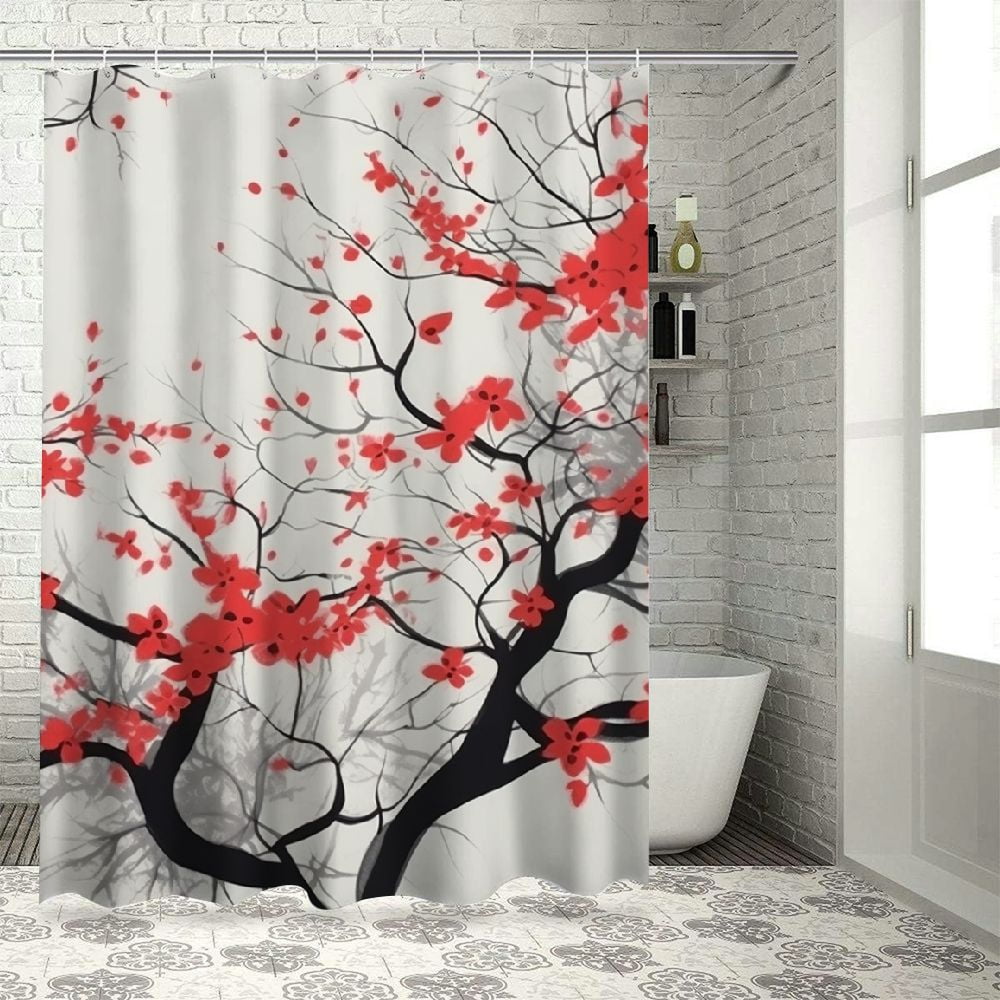 COMIO Cherry Blossom Watercolor Red Flowers Tree Branch Shower Curtain ...