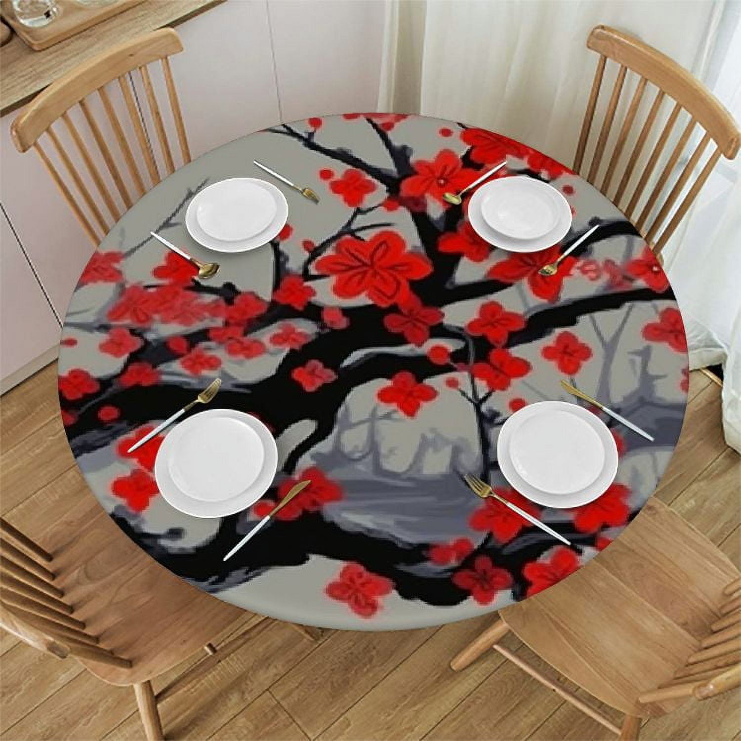 COMIO Cherry Round Tablecloth,Red Flowers Cherry Blossom Ink Painting ...
