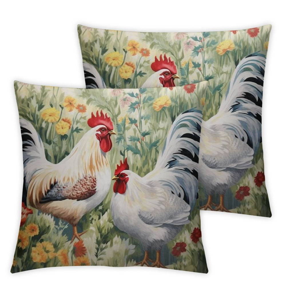 COMIO Chicken and Rooster Throw Pillow Cover in The Grass on White ...