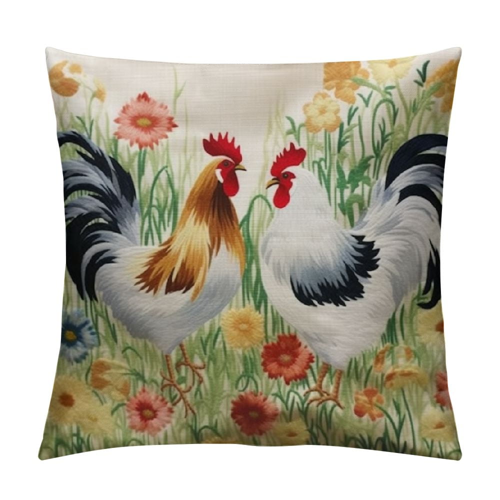 COMIO Chicken and Rooster Throw Pillow Cover in The Grass on White ...
